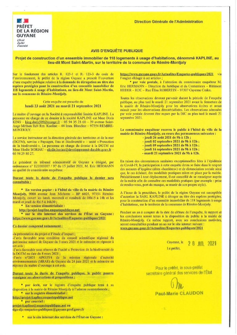 AVIS D’ENQUÊTE PUBLIQUE : PROJET KAPLINE – Mairie Rémire-Montjoly